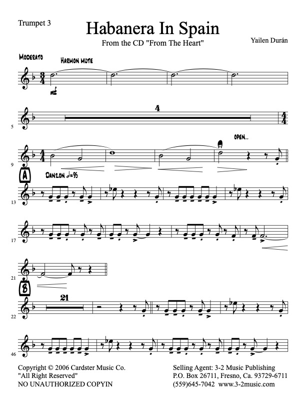 Habanera Spain trumpet 3 Latin jazz music www.3-2music.com